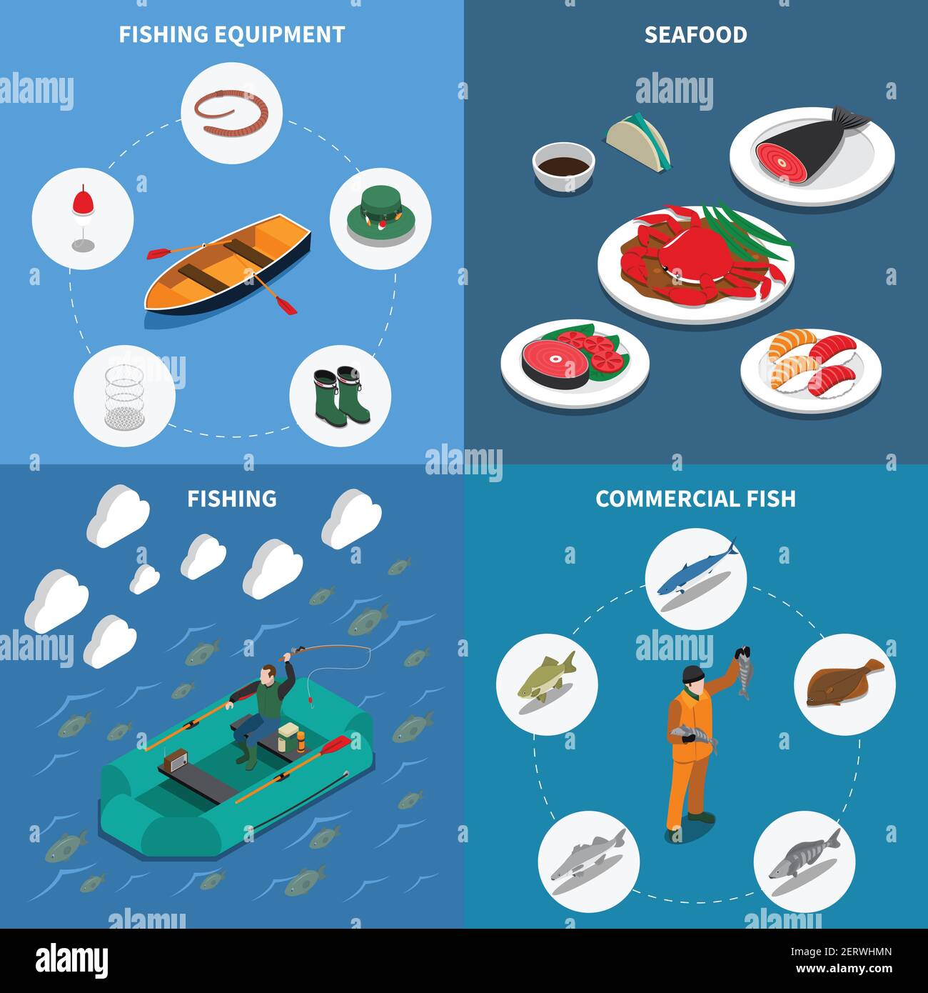 Fishing isometric concept icons set with commercial fish symbols ...