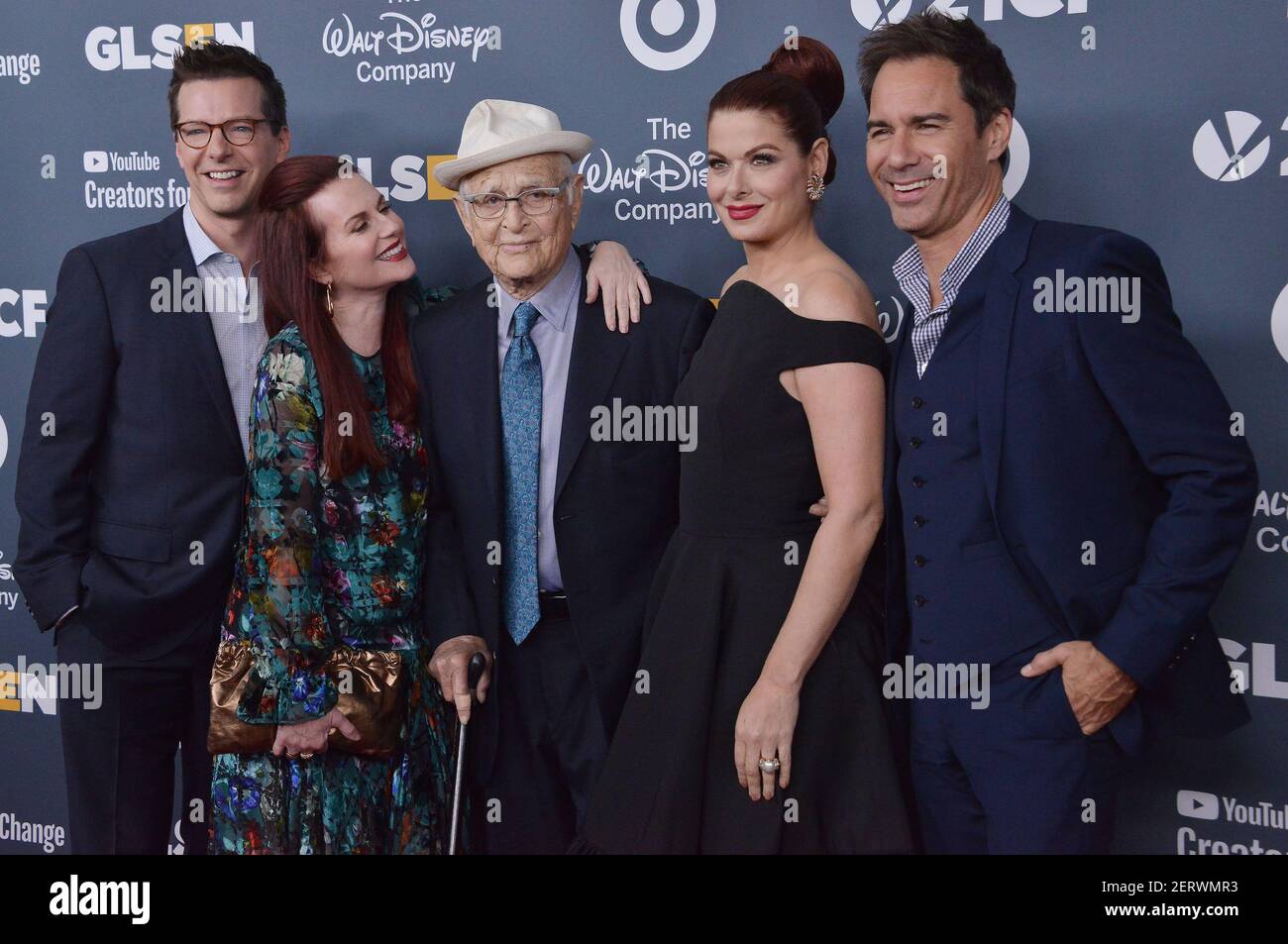 (L-R) Sean Hayes, Megan Mullally, Norman Lear, Debra Messing and Eric ...