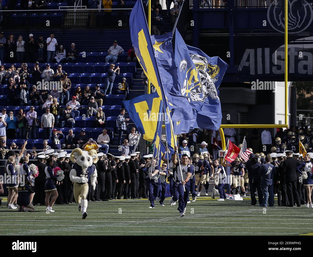 October 20, 2018: Navy cheerleaders lead the team onto the field before ...