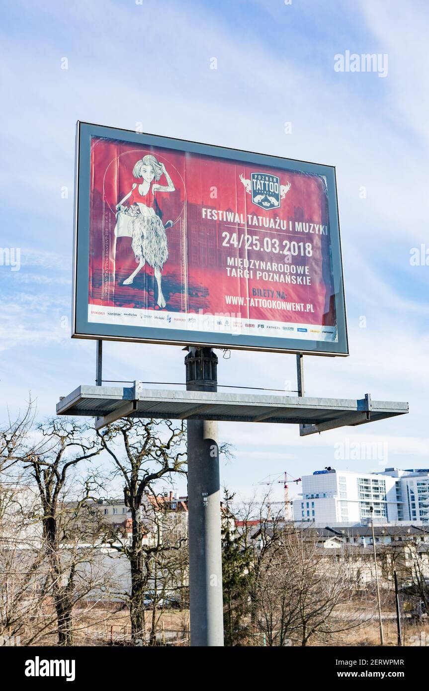POZNAN, POLAND - Mar 20, 2018: Billboard advertising a Tattoo festival ...