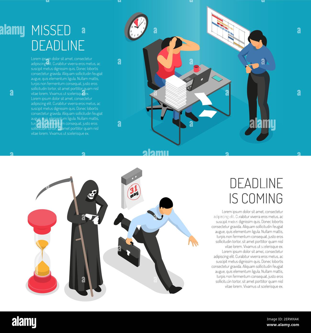Isometric horizontal banners set with stressed people before deadline ...