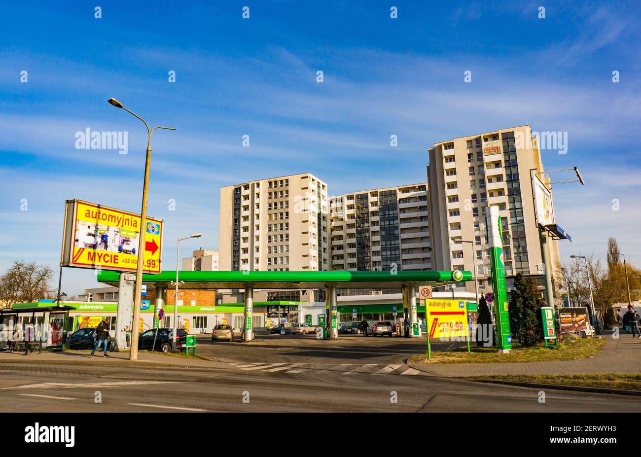 POZNAN, POLAND - Feb 20, 2018: BP gas station and a high apartment ...