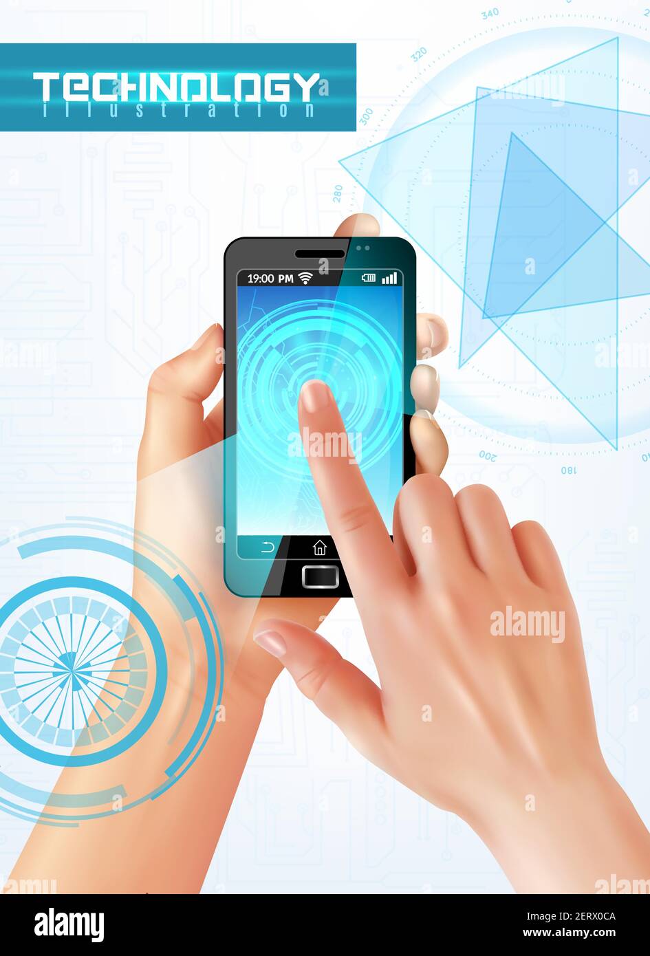Hand holding smartphone with finger on touchscreen realistic top view ...