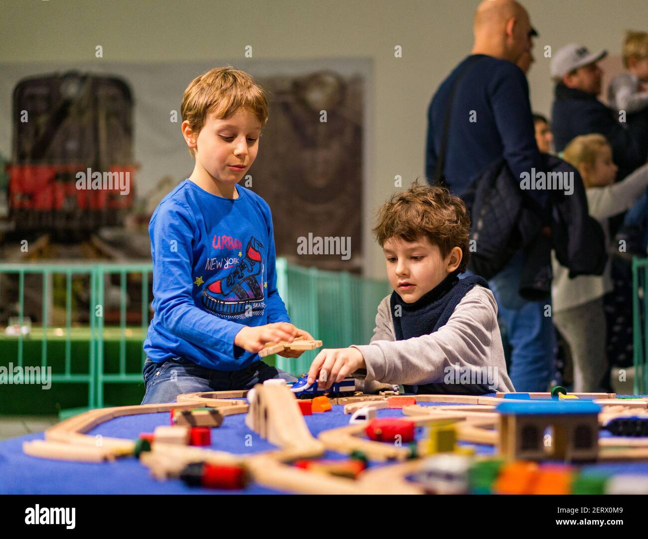 Two boys playing with trains hi-res stock photography and images - Alamy