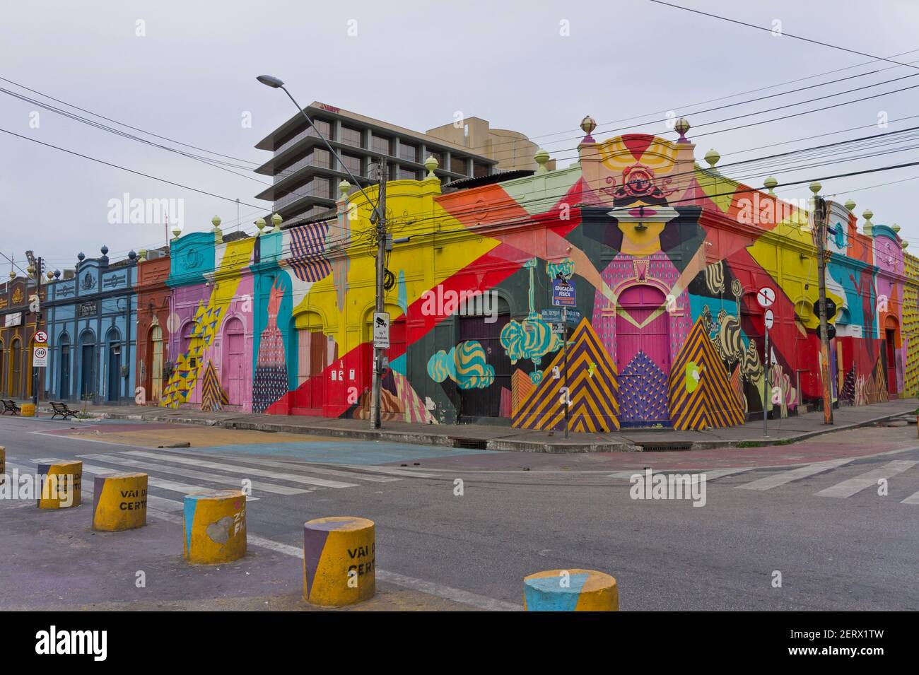 Fortaleza, Old city street view with colorful Colonial buildings ...