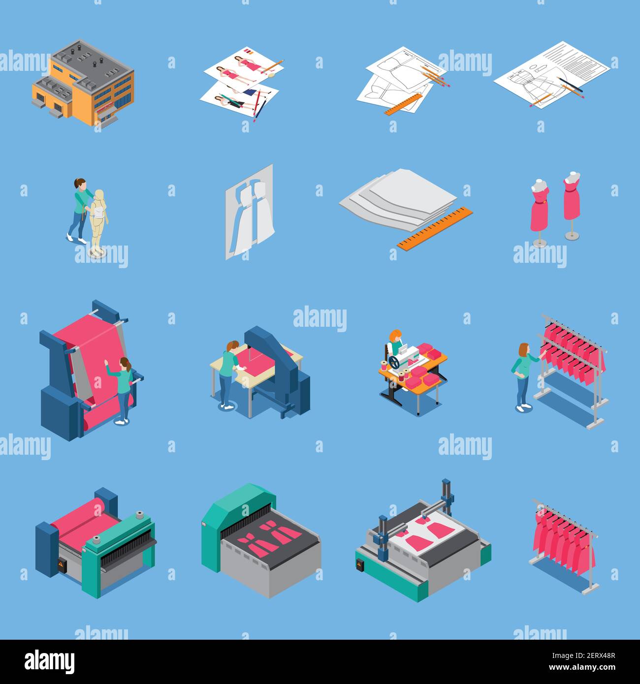 Clothes factory isometric icons set with production symbols isolated ...