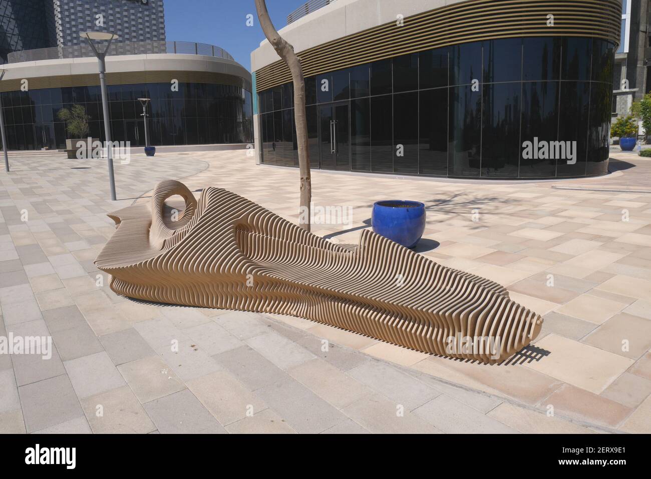 Artistic, futuristic, contemporary wooden bench, The Park, Bahrain Bay ...