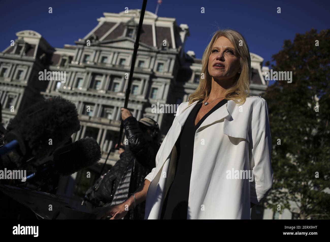 Counselor to the President, Kellyanne Conway, talks to reporters ...