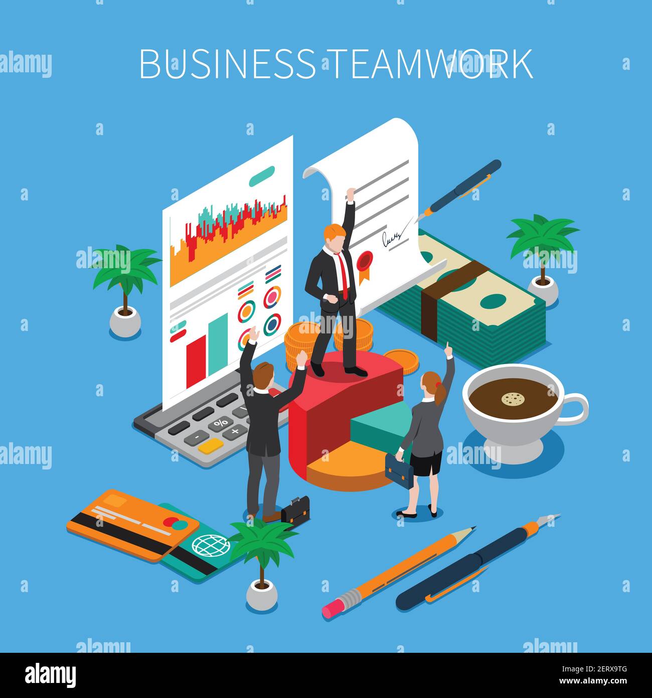 Business teamwork isometric concept with ideas work and progress ...