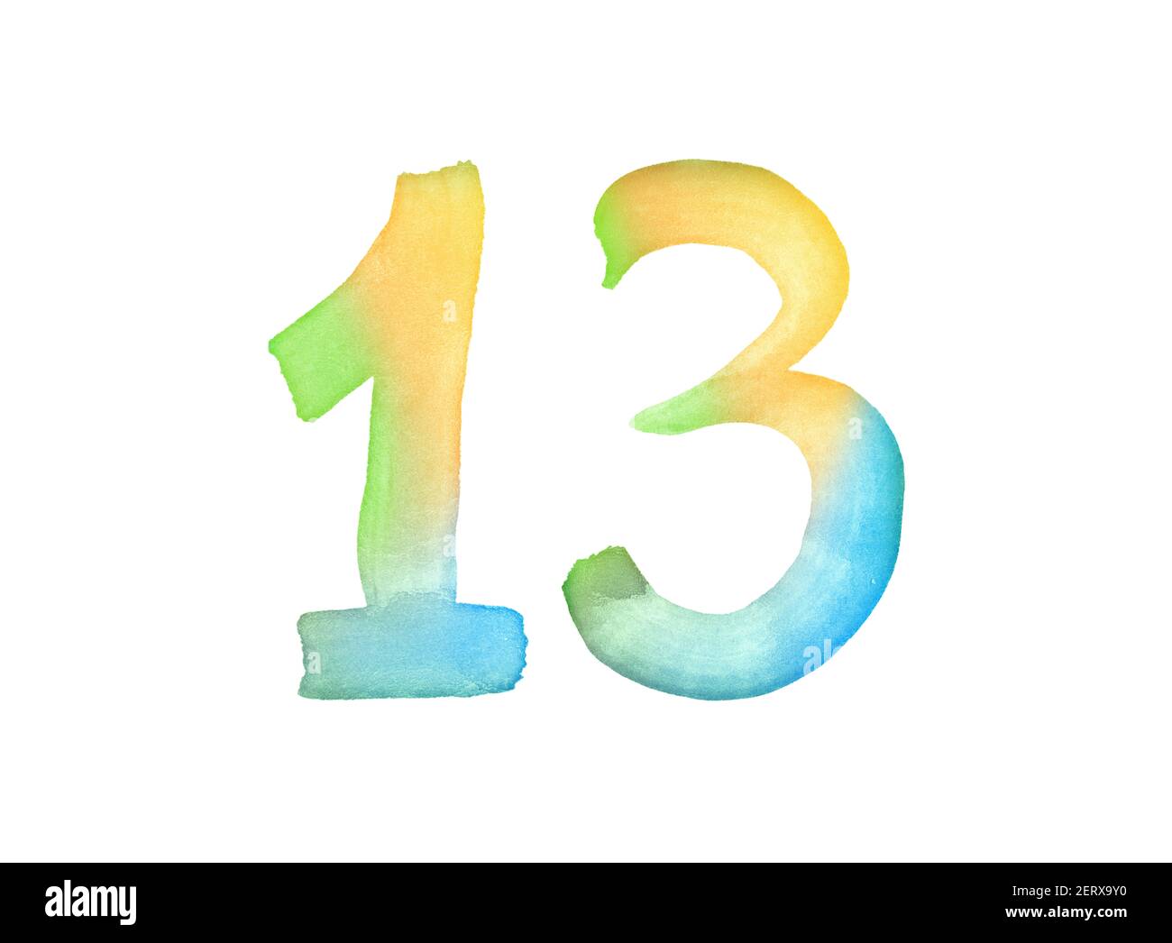 Watercolor numbers, hand-drawn by brush. Multicolor vintage symbol ...