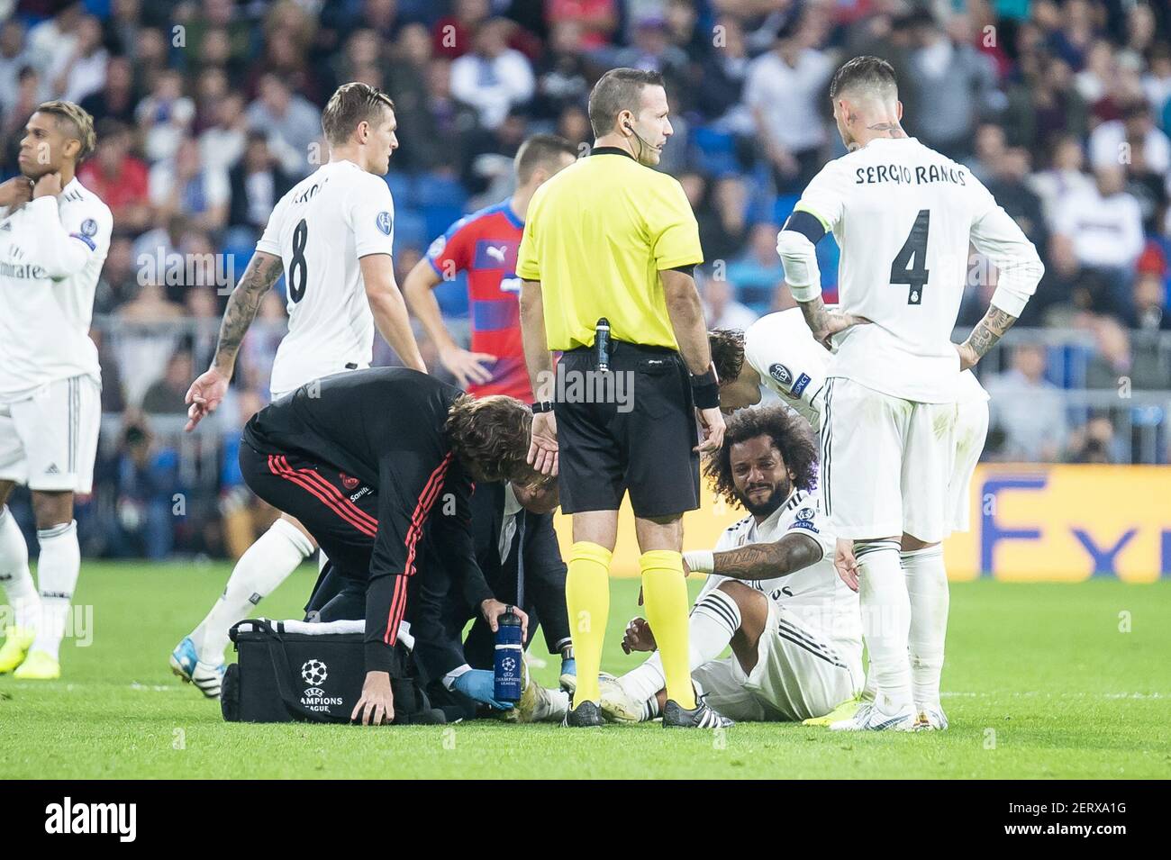 Real Madrid Marcelo injured during UEFA Champions League match between ...