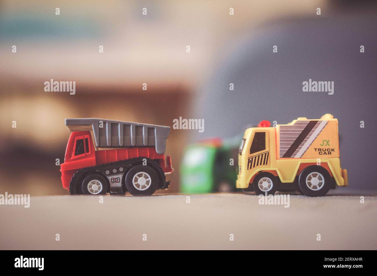 POZNAN, POLAND - Feb 27, 2021: Plastic toy model truck on a soft ...