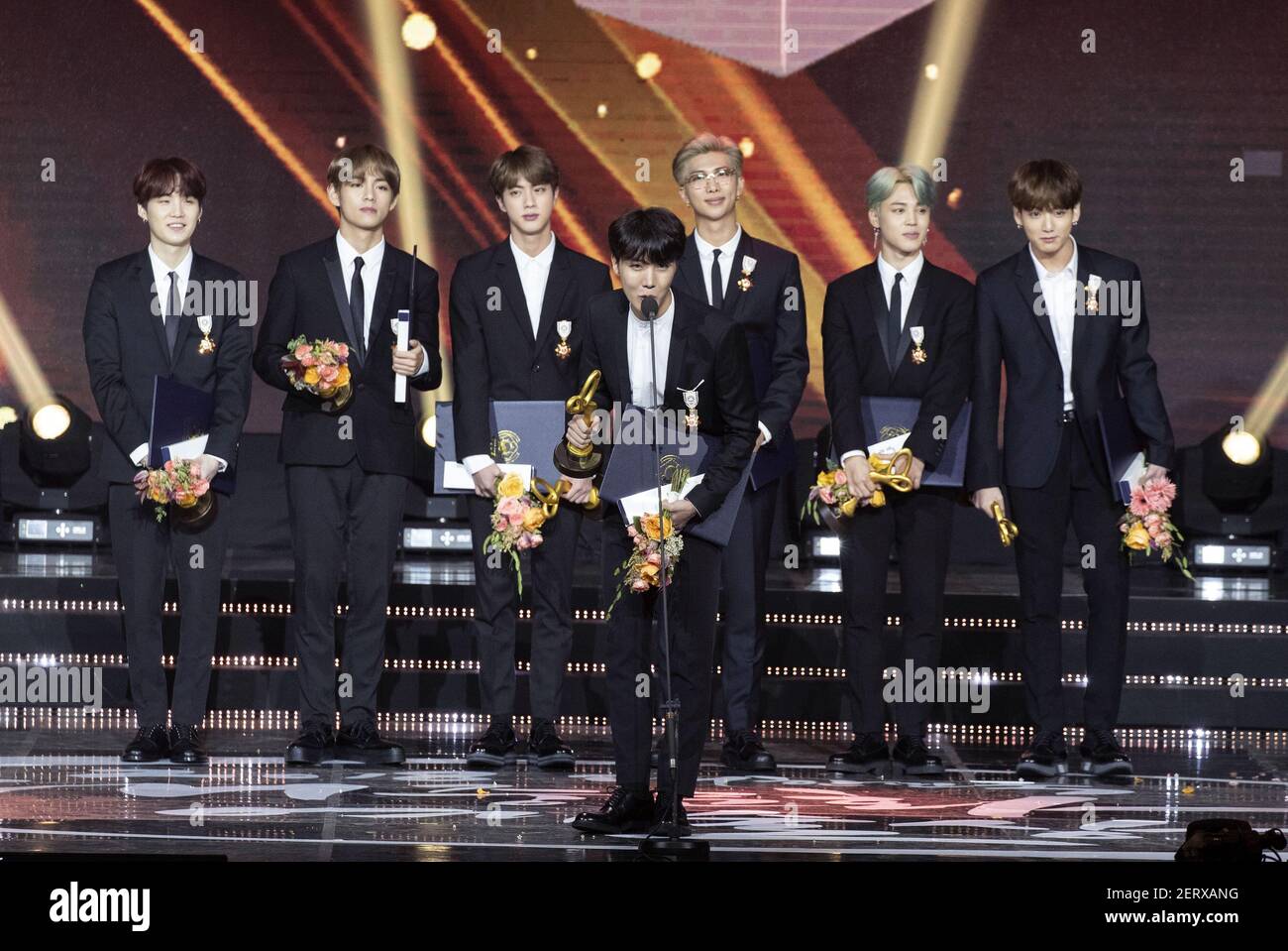 South Korean K-Pop boys group BTS (Bangtan Boys), attend a photo call ...