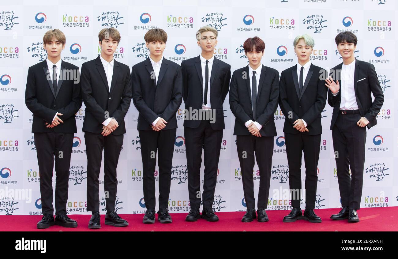 South Korean K-Pop boys group BTS (Bangtan Boys), attend a photo call ...