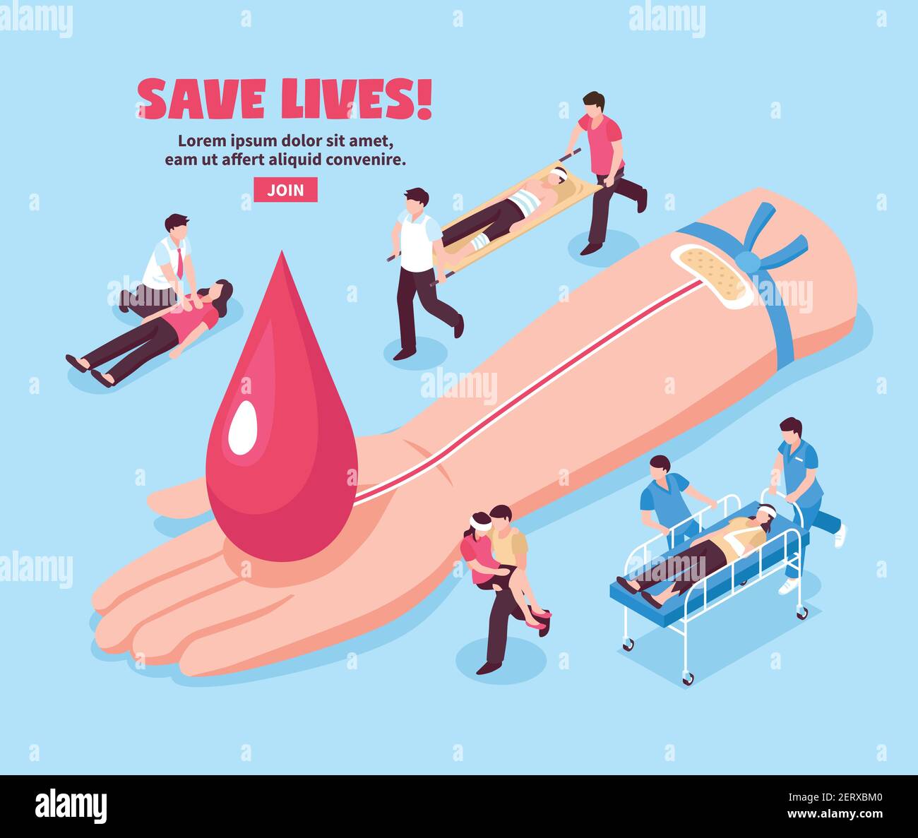 Blood donation isometric concept donor hand with red drop and injured ...