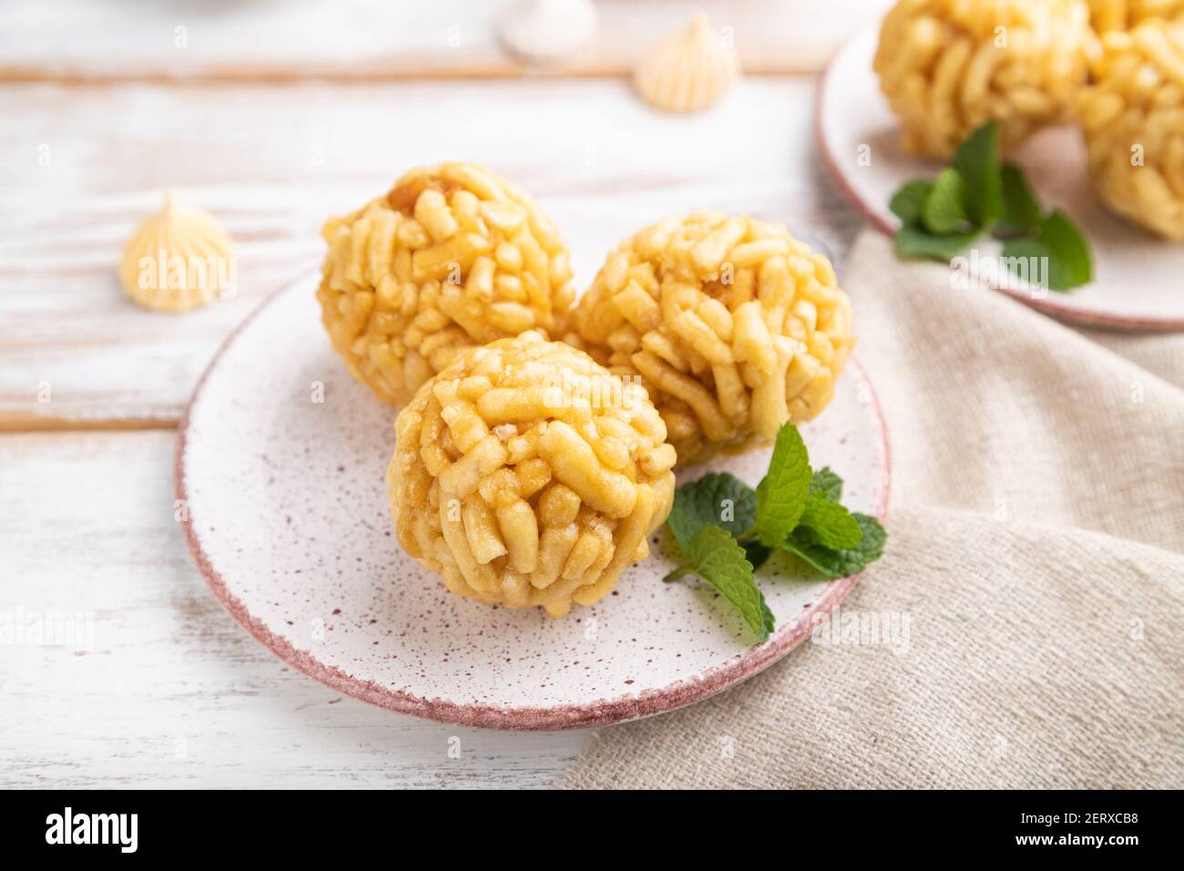 Traditional Tatar candy chak-chak made of dough and honey with cup of ...
