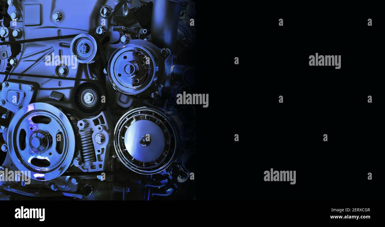 Details of car engine. Modification of the engine in blue tone, copy ...