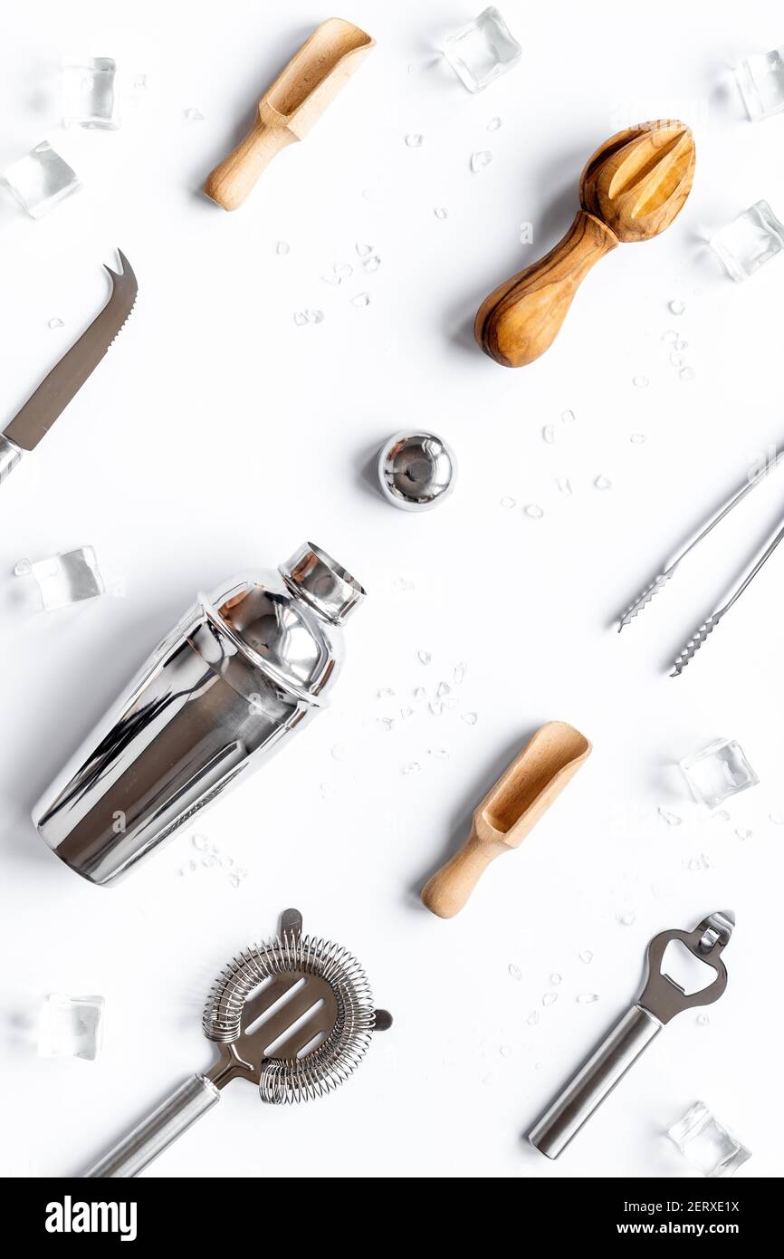 Top view of bar accessories with a cocktail shaker Stock Photo - Alamy