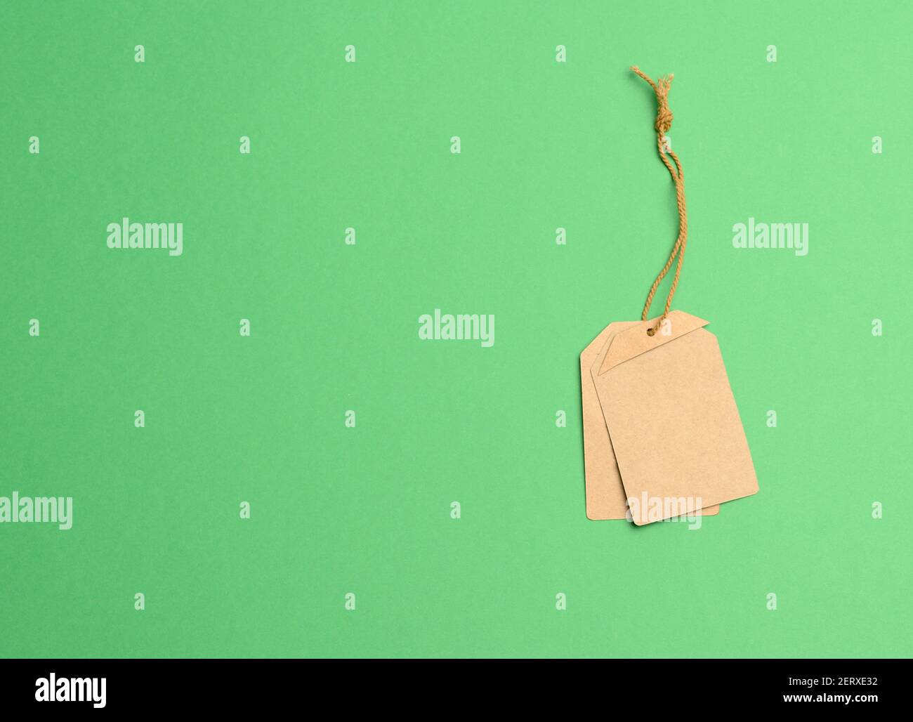 empty paper brown rectangular price tag on a rope, green background ...