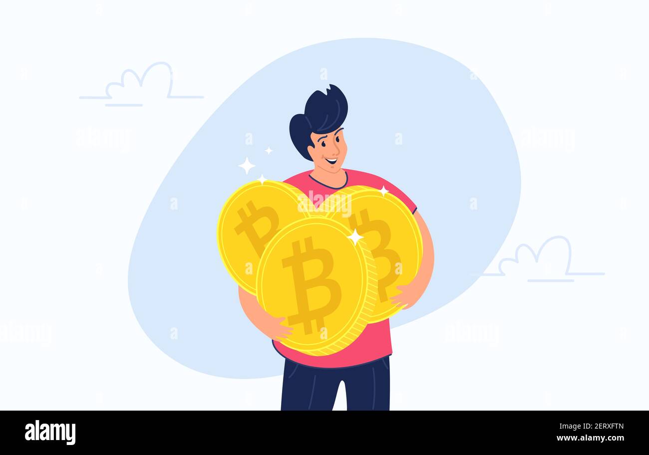 Young happy man hugging heavy three golden symbols of bitcoin Stock ...