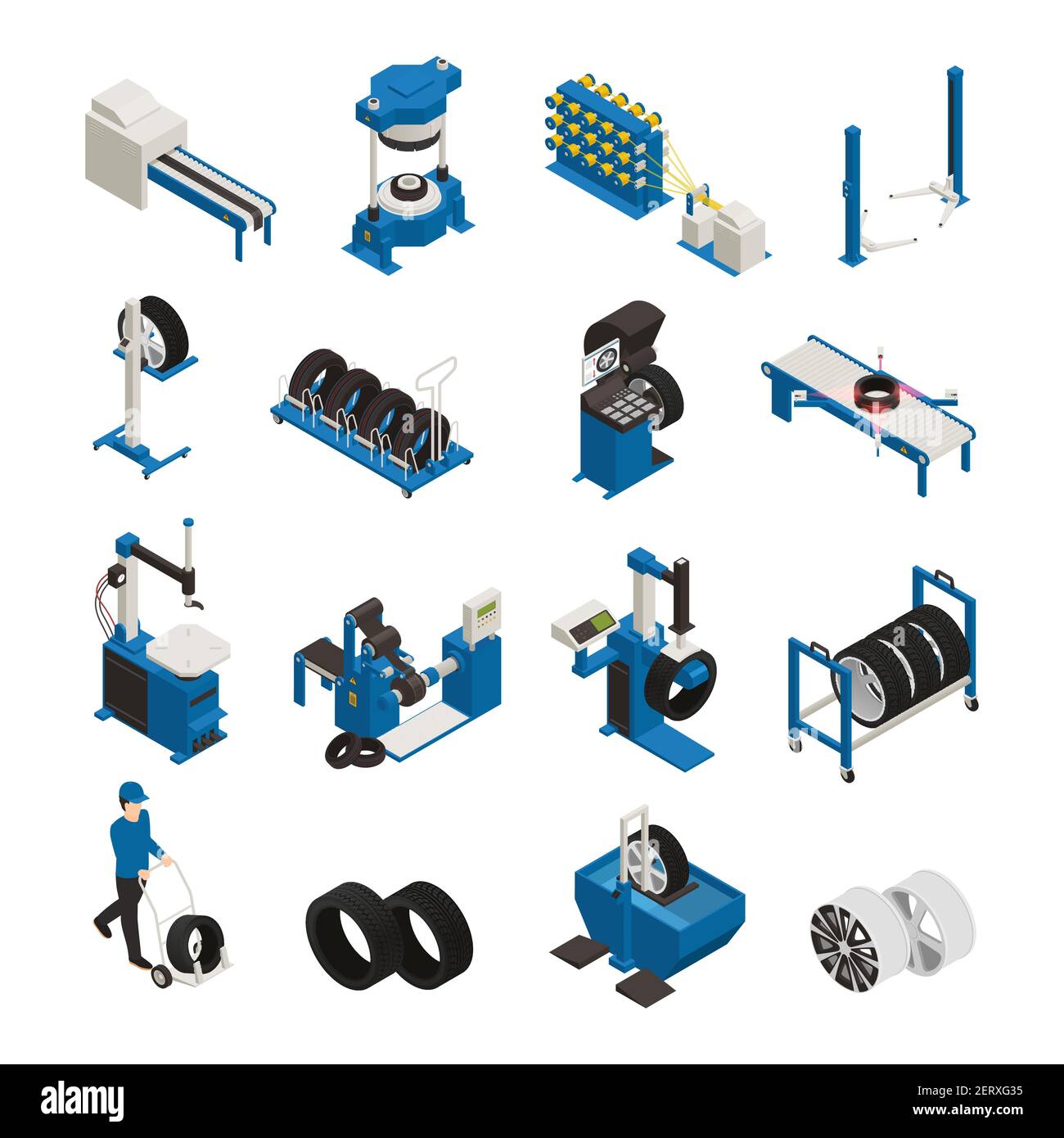 Tire production isometric icons with industrial equipment for ...