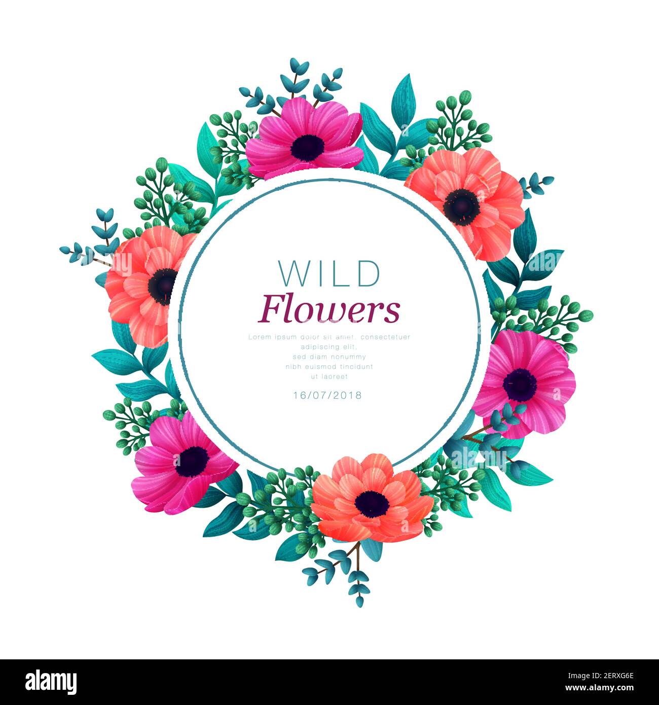 Floral circle frame. Tropical flowers trendy template. Summer Design ...
