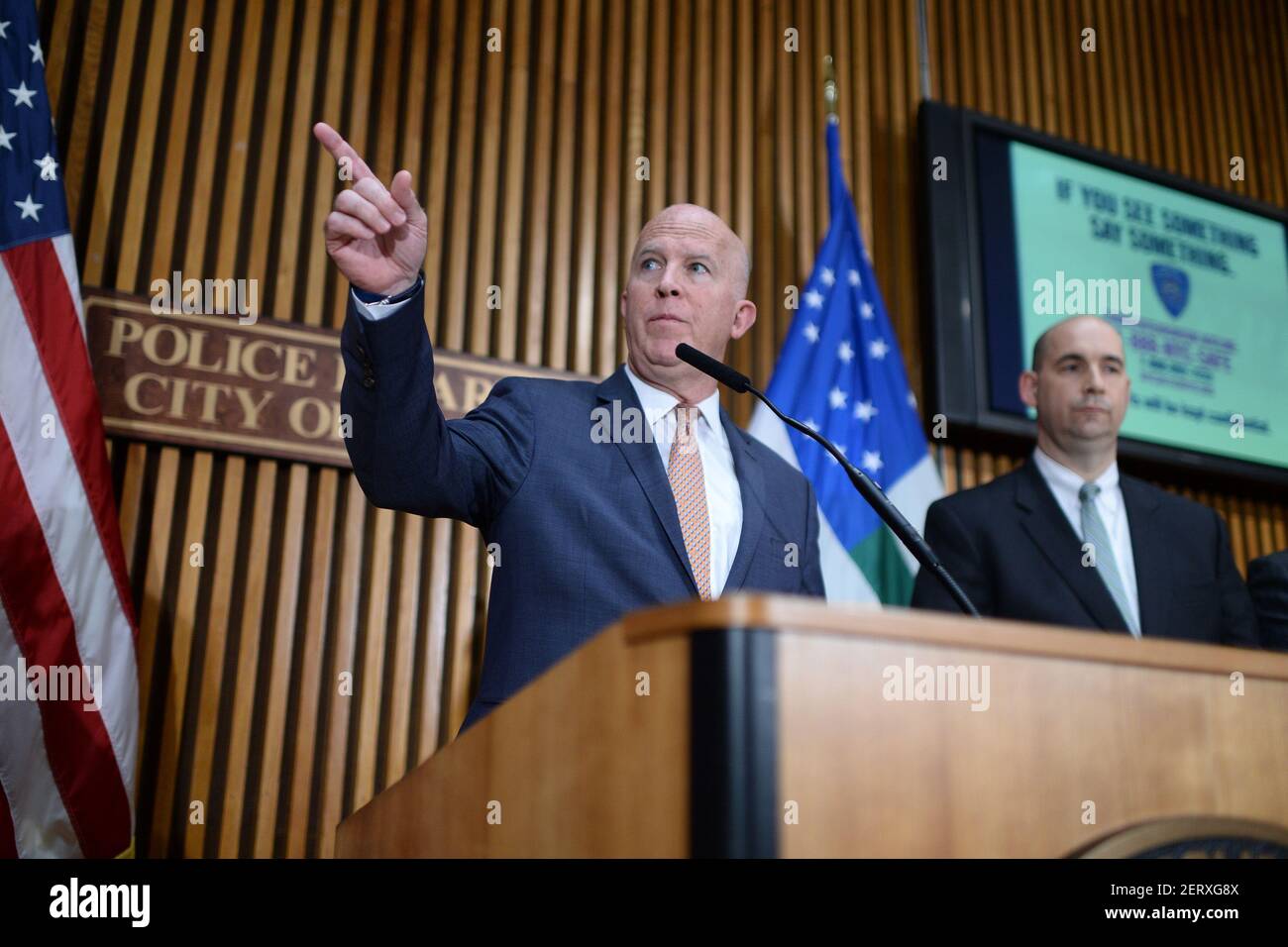 New York City Police Commissioner James. P. O'Neill (podium) speaks ...
