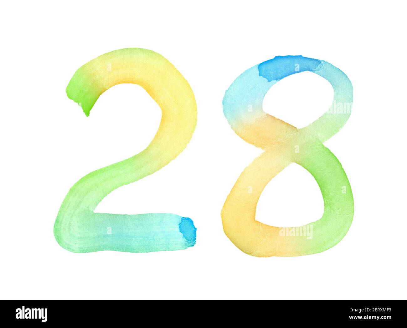 Watercolor numbers, hand-drawn by brush. Multicolor vintage symbol ...