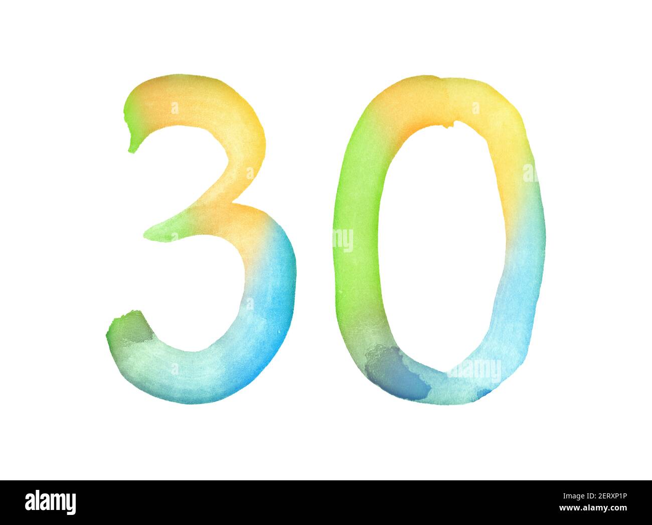 Watercolor numbers, hand-drawn by brush. Multicolor vintage symbol ...