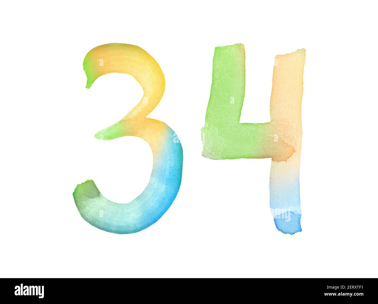 Watercolor numbers, hand-drawn by brush. Multicolor vintage symbol ...