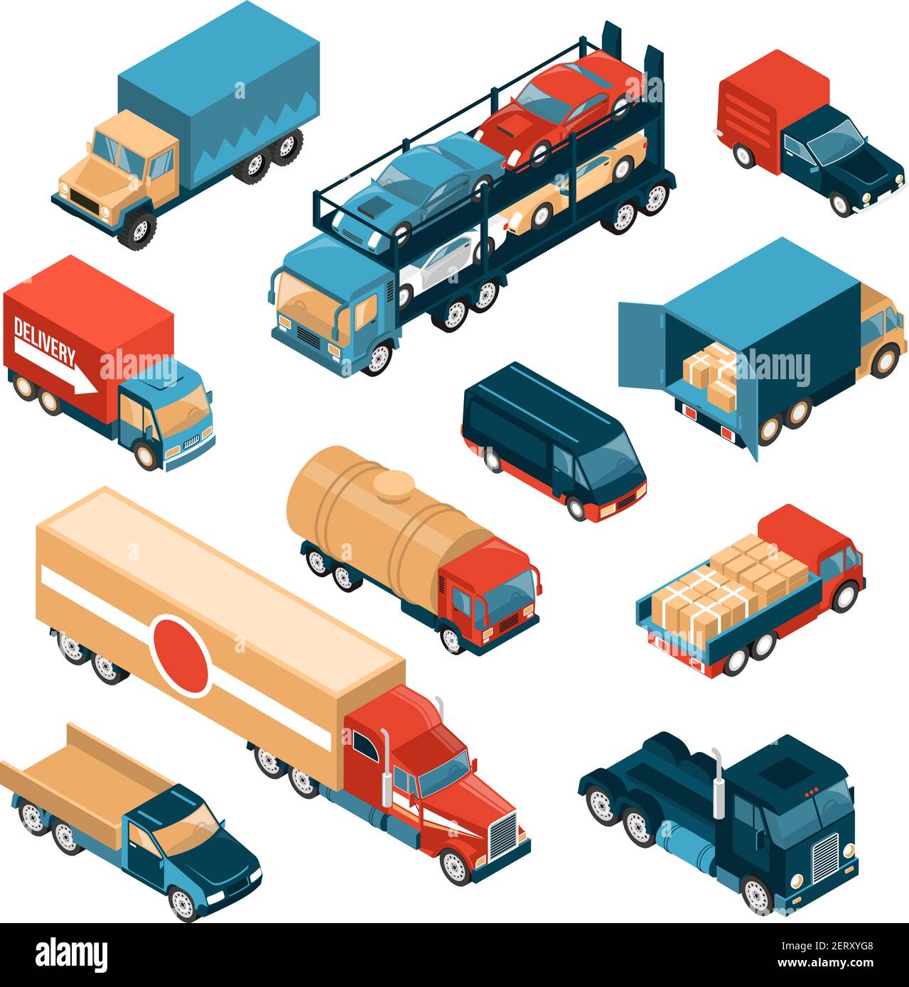 Isometric delivery trucks set of isolated images with motor lorry cars ...