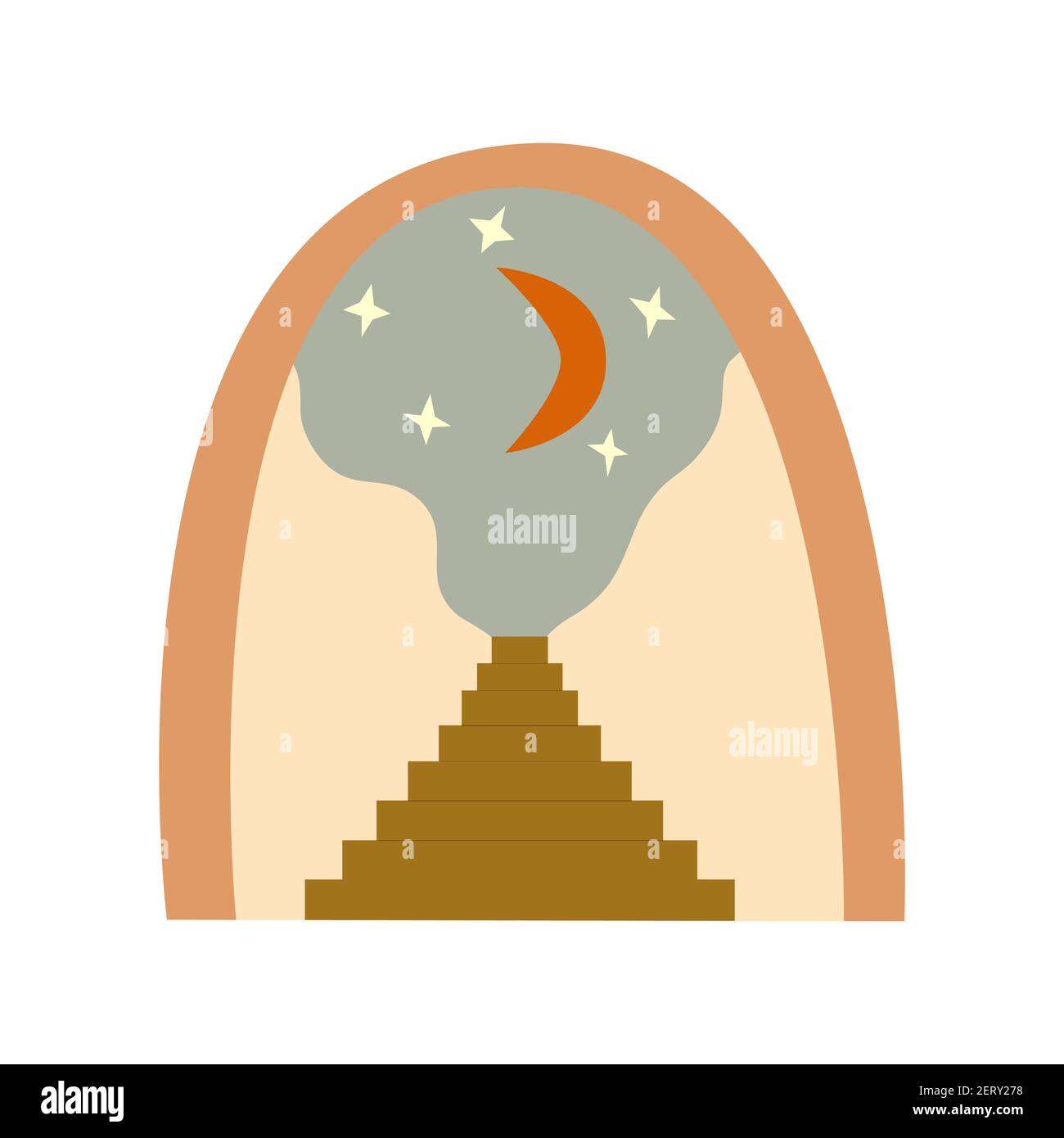 Abstract art arch with crescent and stars, stairs with steps painting ...