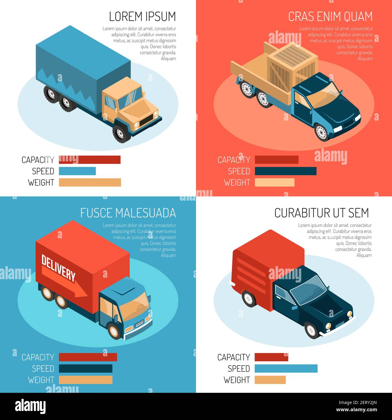 Colorful isometric 2x2 design concept with different delivery vehicles ...