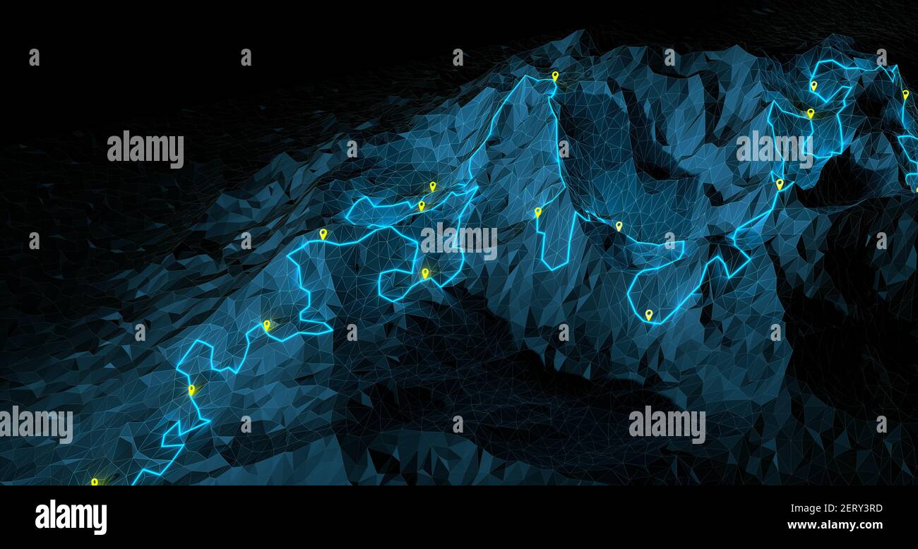 Overview of a winding hiking trail through the mountains with waypoints ...