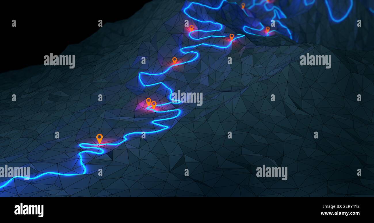 Overview of a winding hiking trail through the mountains with waypoints ...