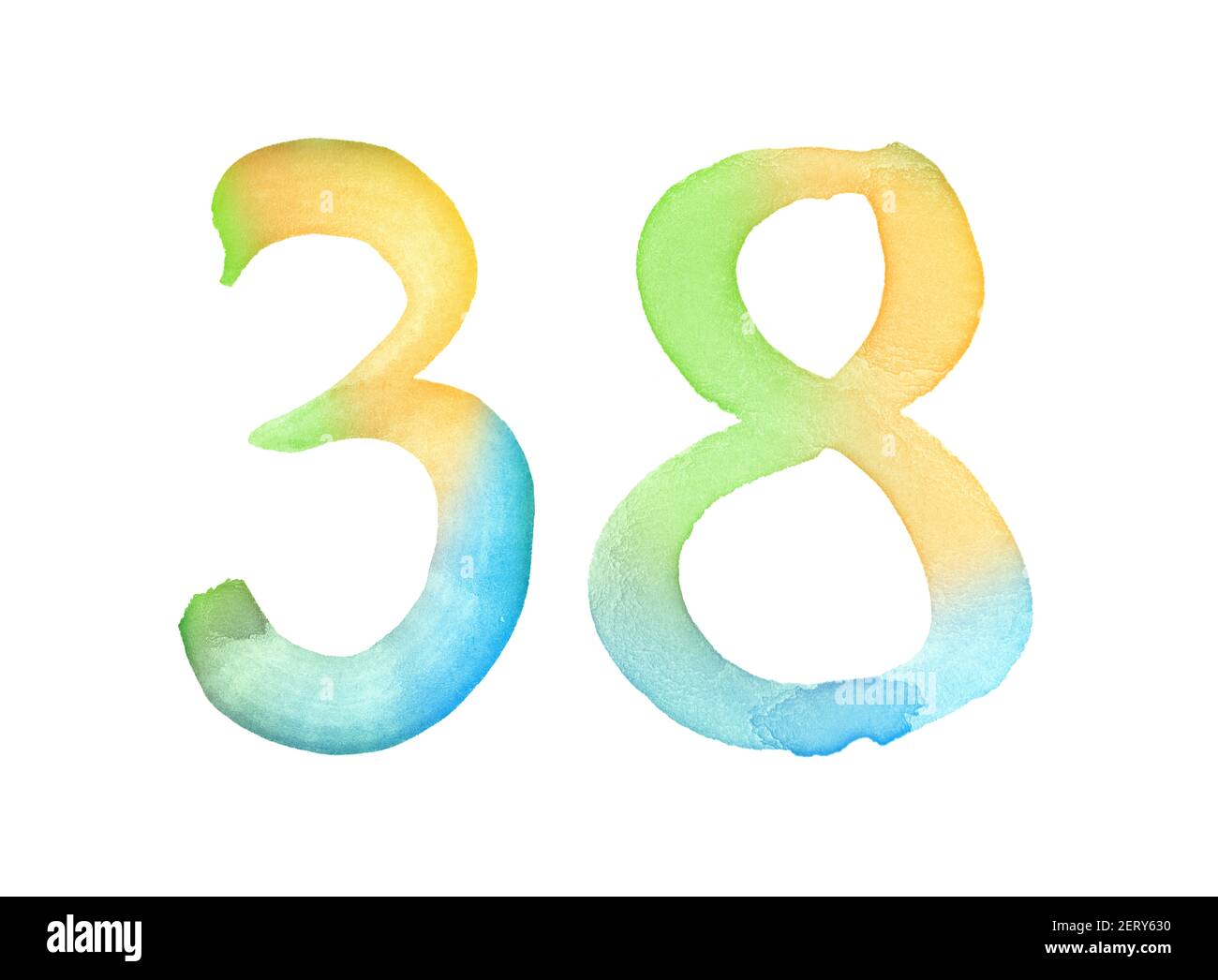 Watercolor numbers, hand-drawn by brush. Multicolor vintage symbol ...
