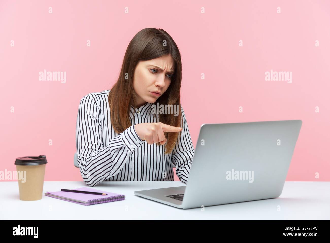 Hey You Angry Business Woman In Striped Shirt Pointing To Laptop