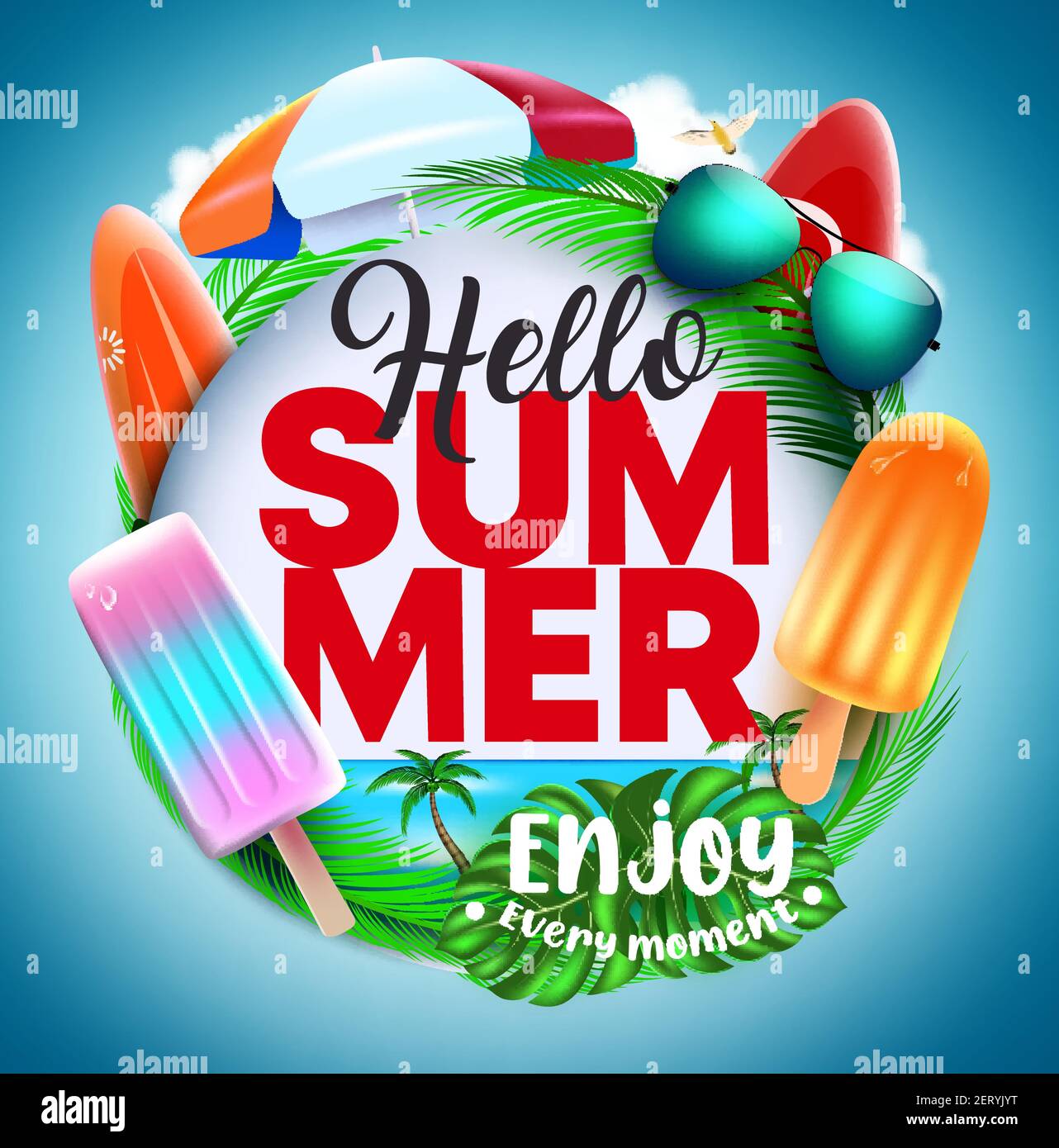 Hello summer vector concept design. Hello summer text in circle badge ...