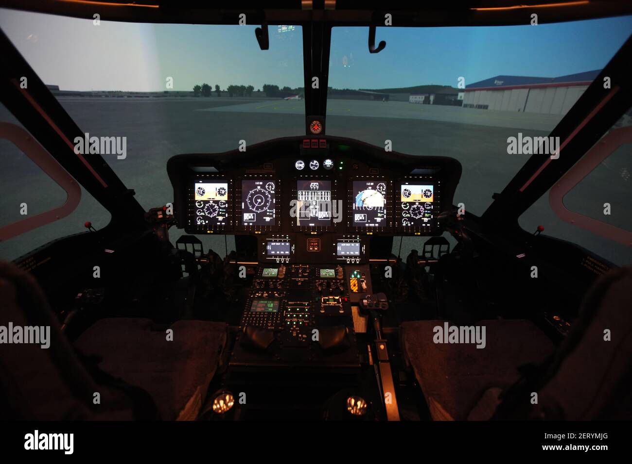 Pilot's cockpit view of a commercial helicopter training simulator ...