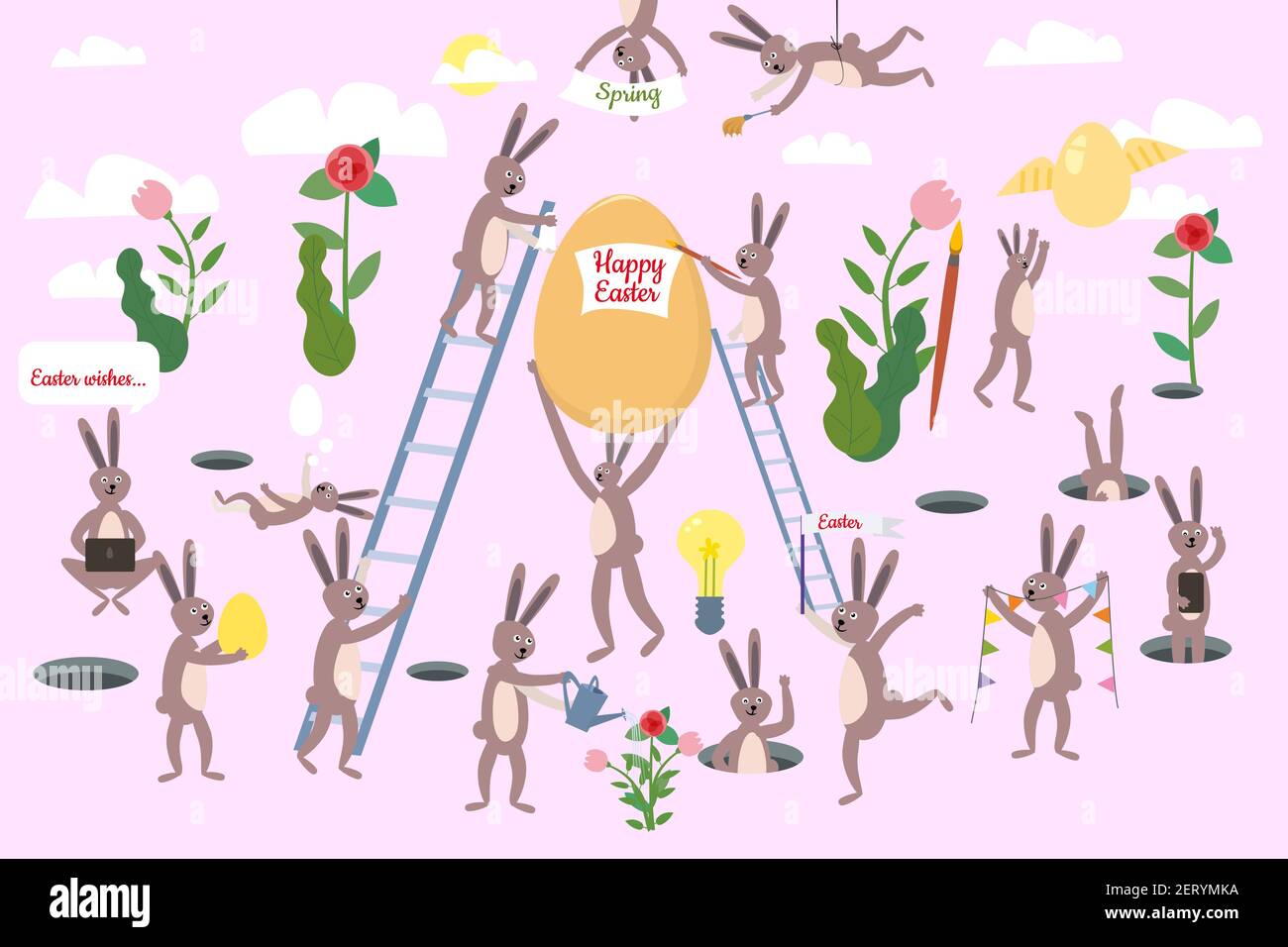 Set of cute Easter cartoon characters and design elements. Easter bunny ...