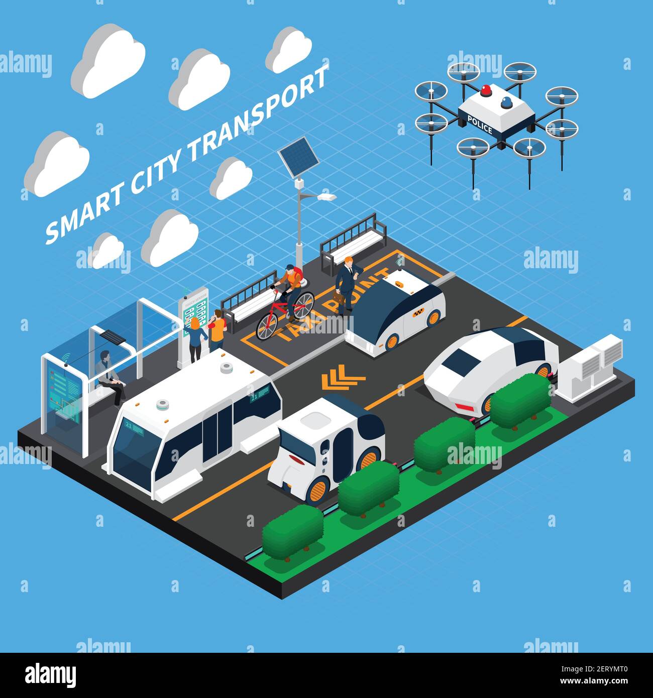 Smart city isometric concept with transport and taxi point symbols ...