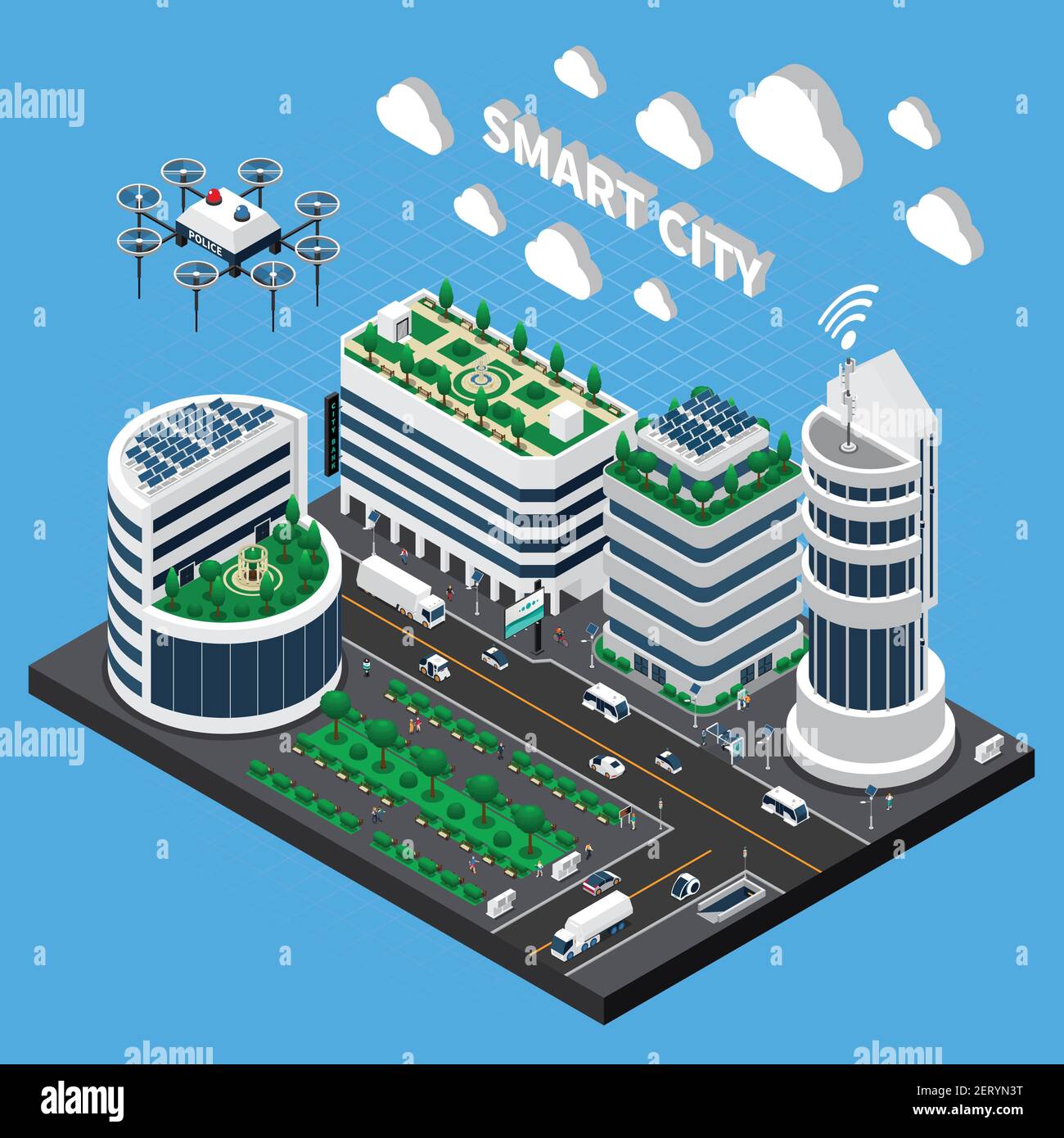 Smart city technology isometric concept with transport and clean city ...