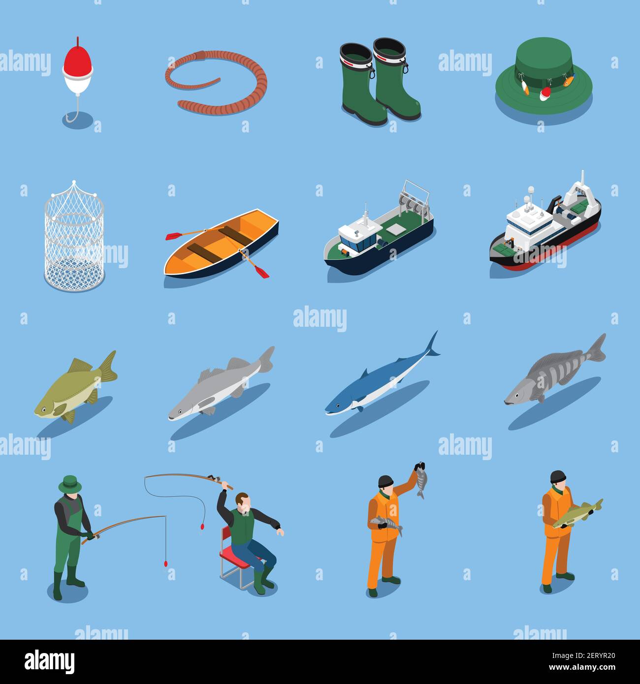 Fishing isometric icons set with boats and equipment symbols isolated ...