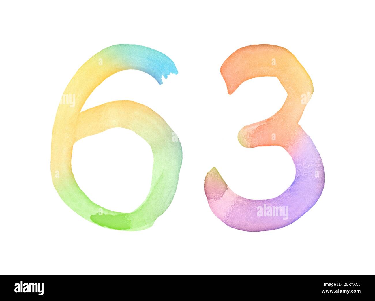 Watercolor numbers, hand-drawn by brush. Multicolor vintage symbol ...