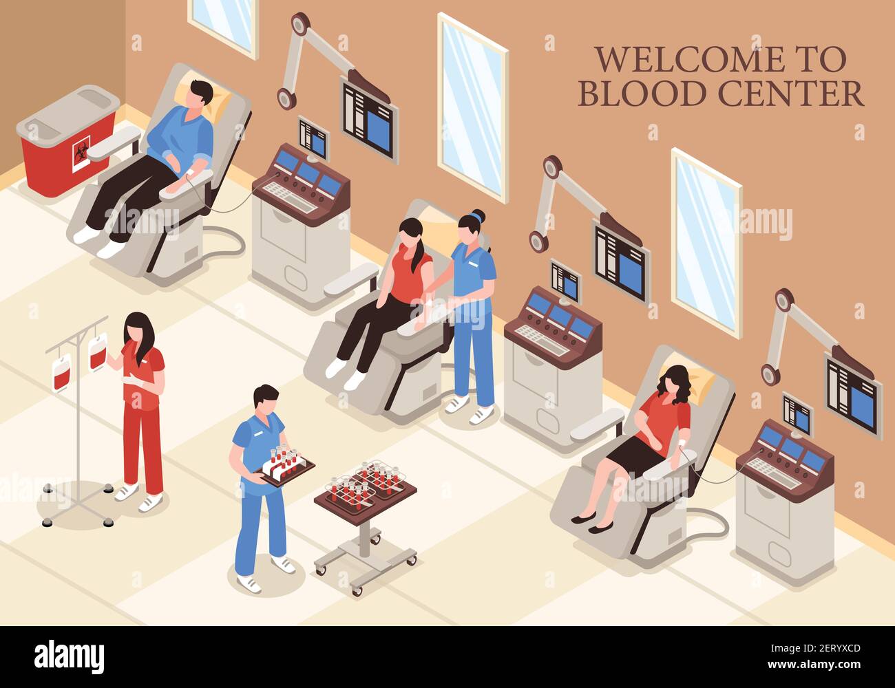 Blood center with donors in chairs modern medical technologies and ...