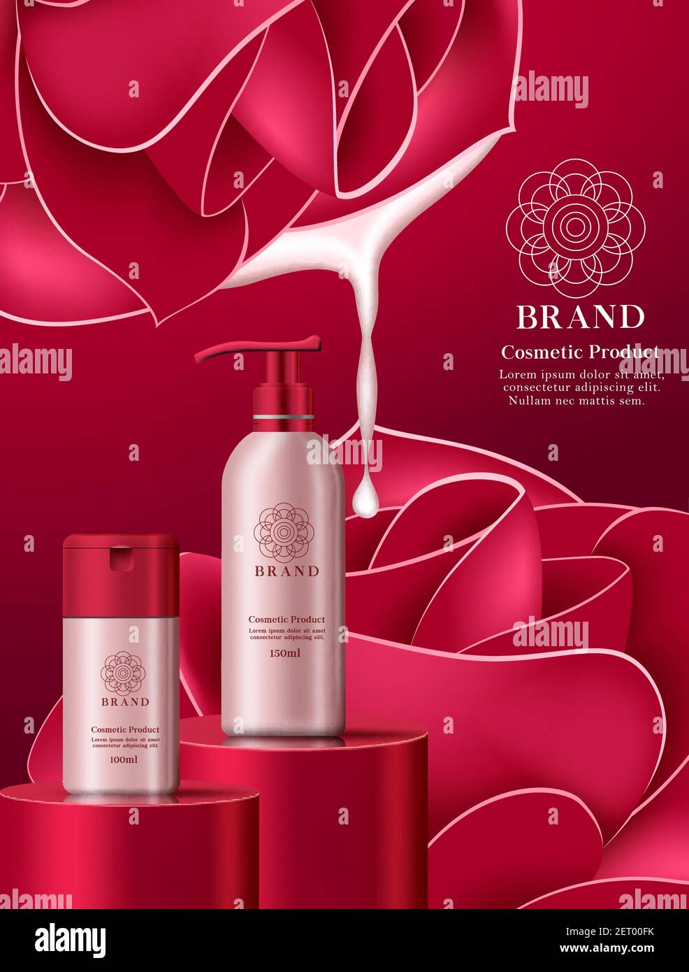 Cosmetic rose product vector poster template. Cosmetic lotion products ...