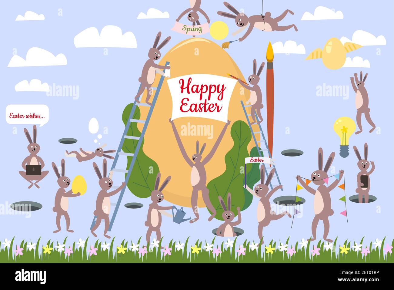 Set of cute Easter cartoon characters and design elements. Easter bunny ...