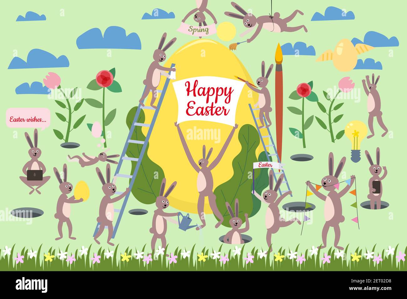 Set of cute Easter cartoon characters and design elements. Easter bunny ...