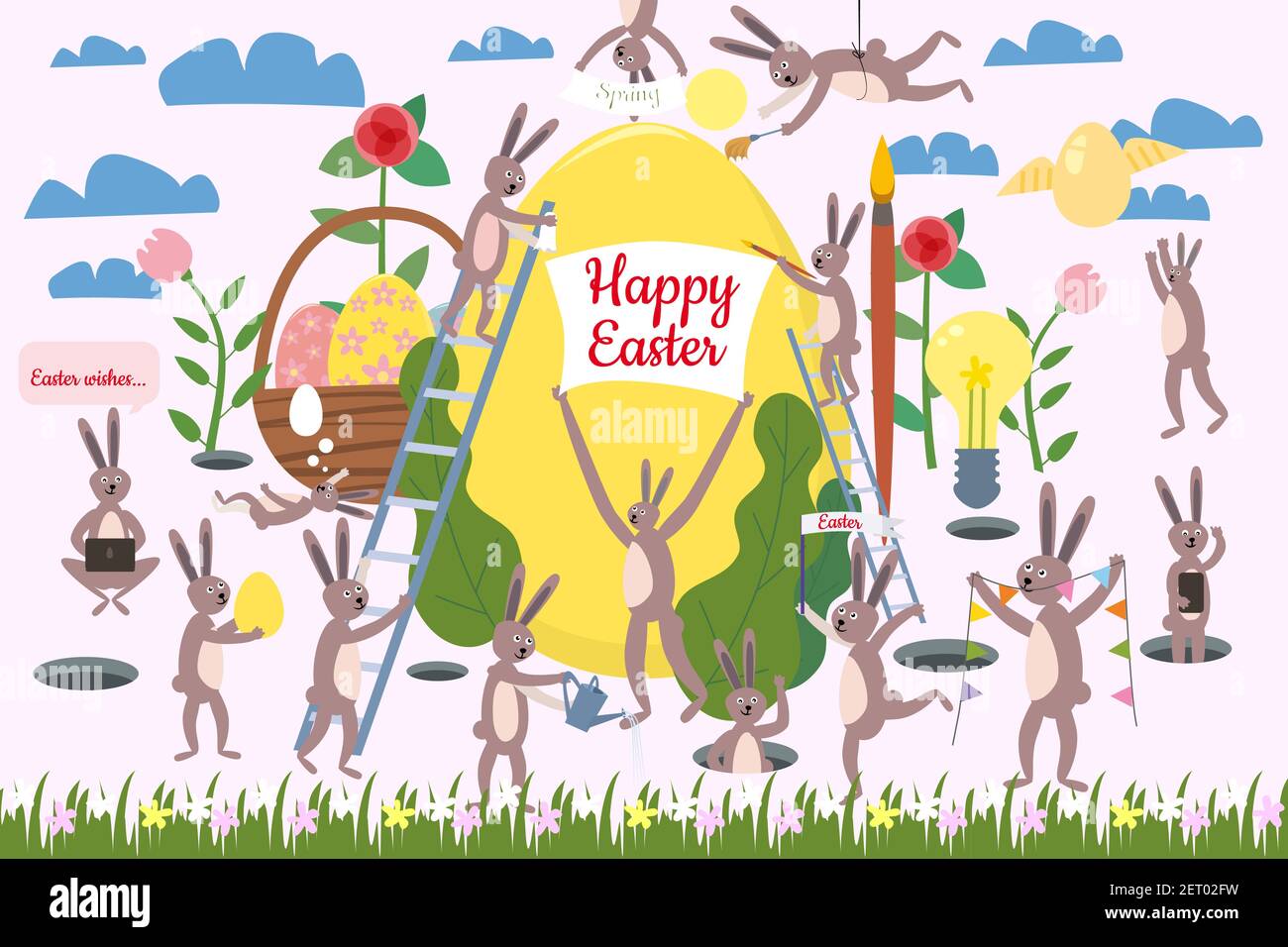 Set of cute Easter cartoon characters and design elements. Easter bunny ...