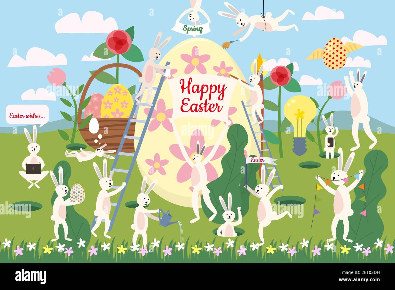 Set of cute Easter cartoon characters and design elements. Easter bunny ...